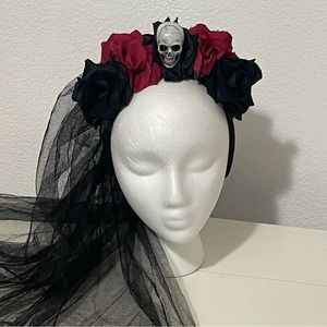 Accessories | Nu Black Burgundy Floral Skull Black Veil Dead Bride ...